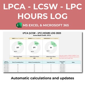LPCA LCSW LPC Lcmhc Licensure Hours Tracker. Excel 365 Spreadsheet ...