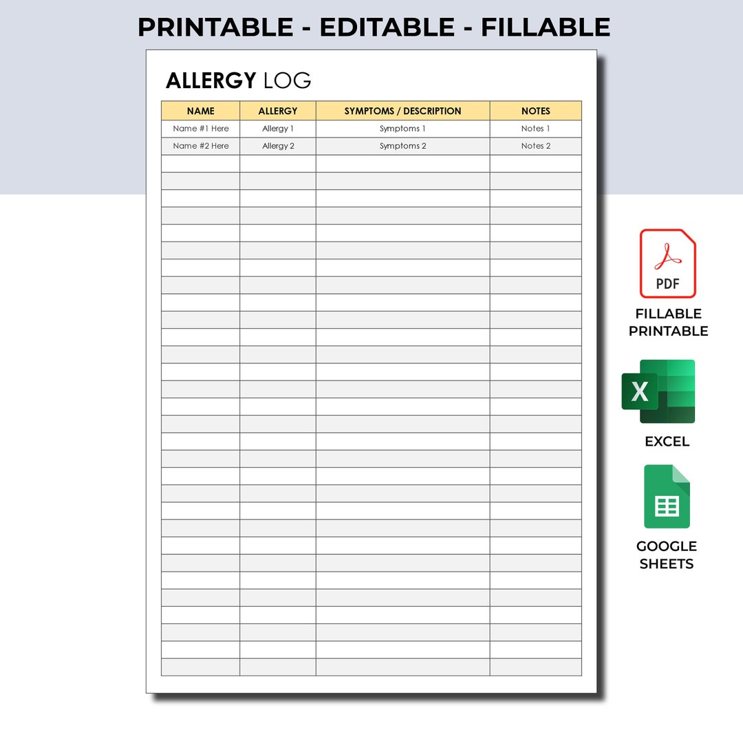 Printable Allergy Log, Allergy Tracker, Allergy Diary, Allergy Logbook, Symptom Tracker, Allergy ...
