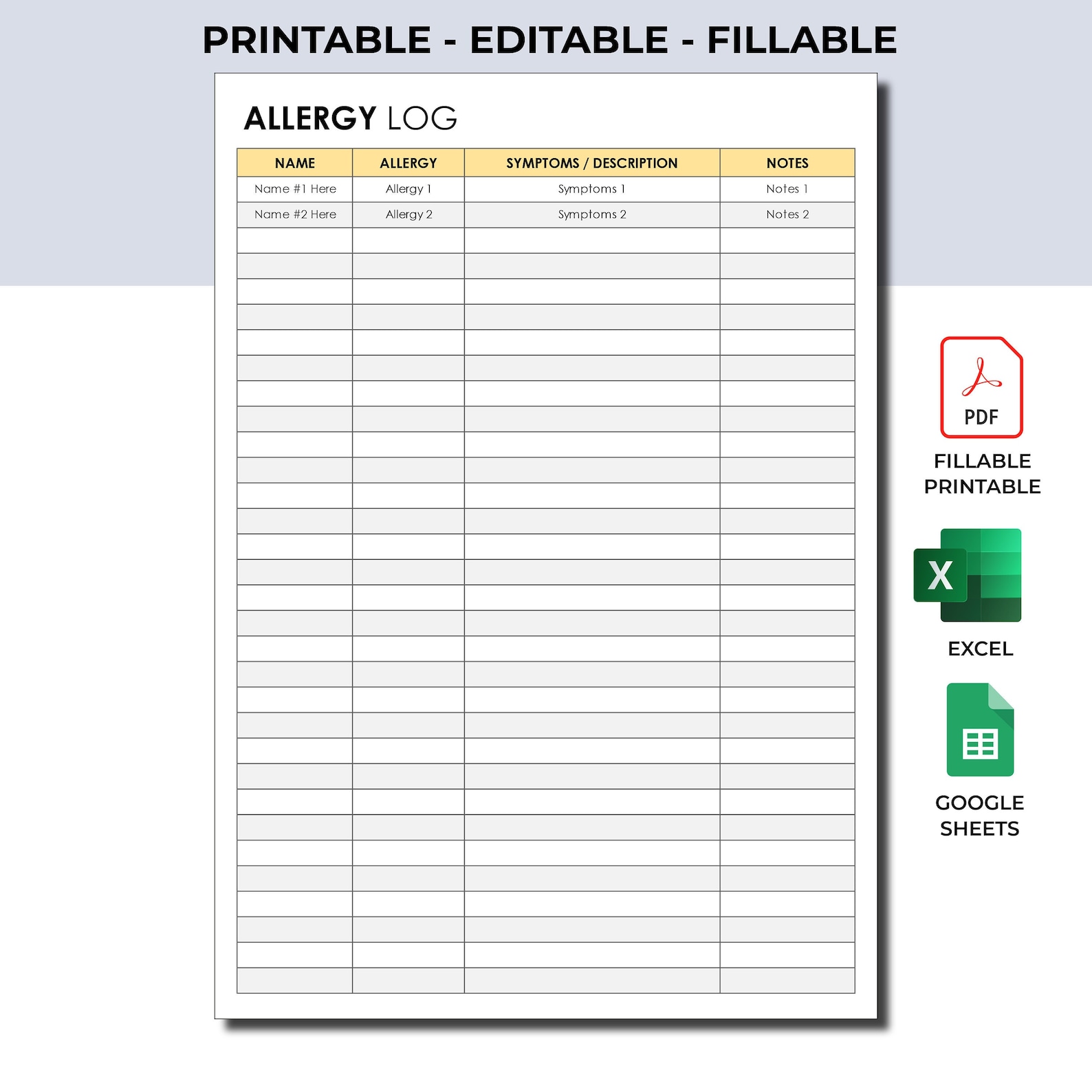 Printable Allergy Log, Allergy Tracker, Allergy Diary, Allergy Logbook ...