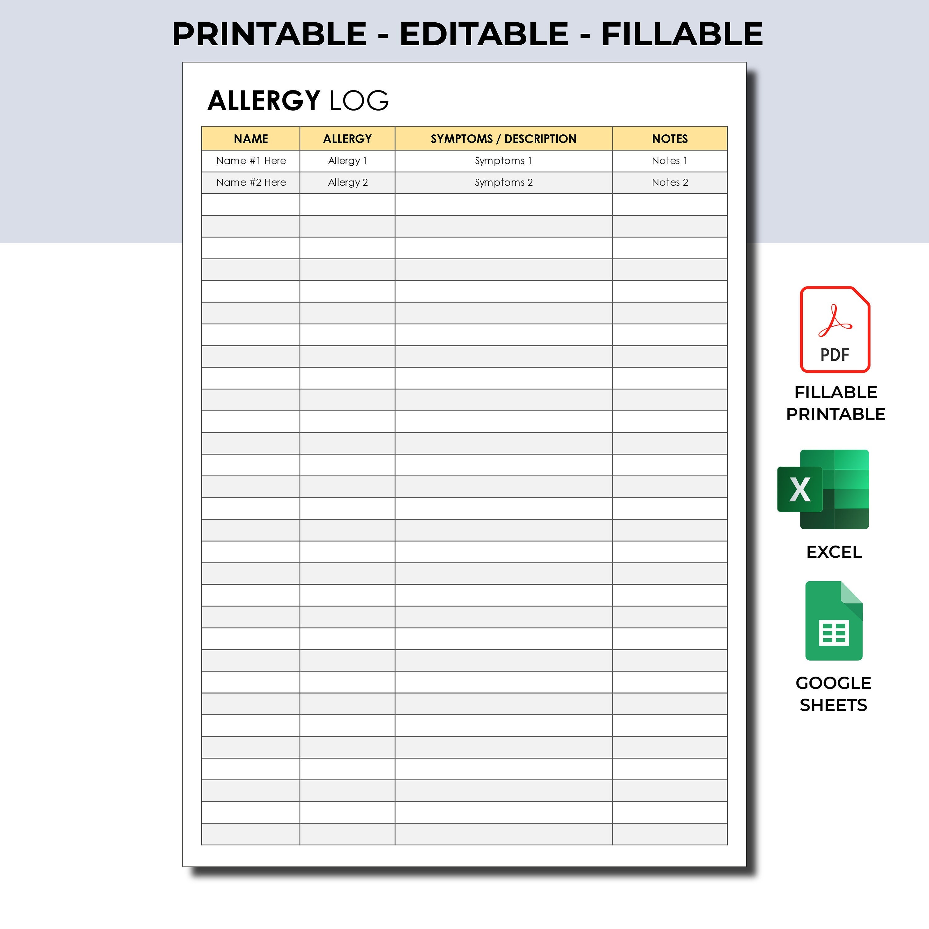 Printable Allergy Log, Allergy Tracker, Allergy Diary, Allergy Logbook ...