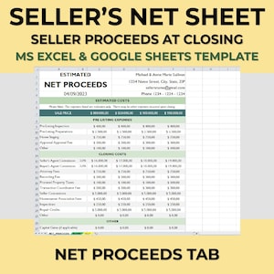 Seller Net Proceeds Sheet Template. Excel & Google Sheets. Real State ...