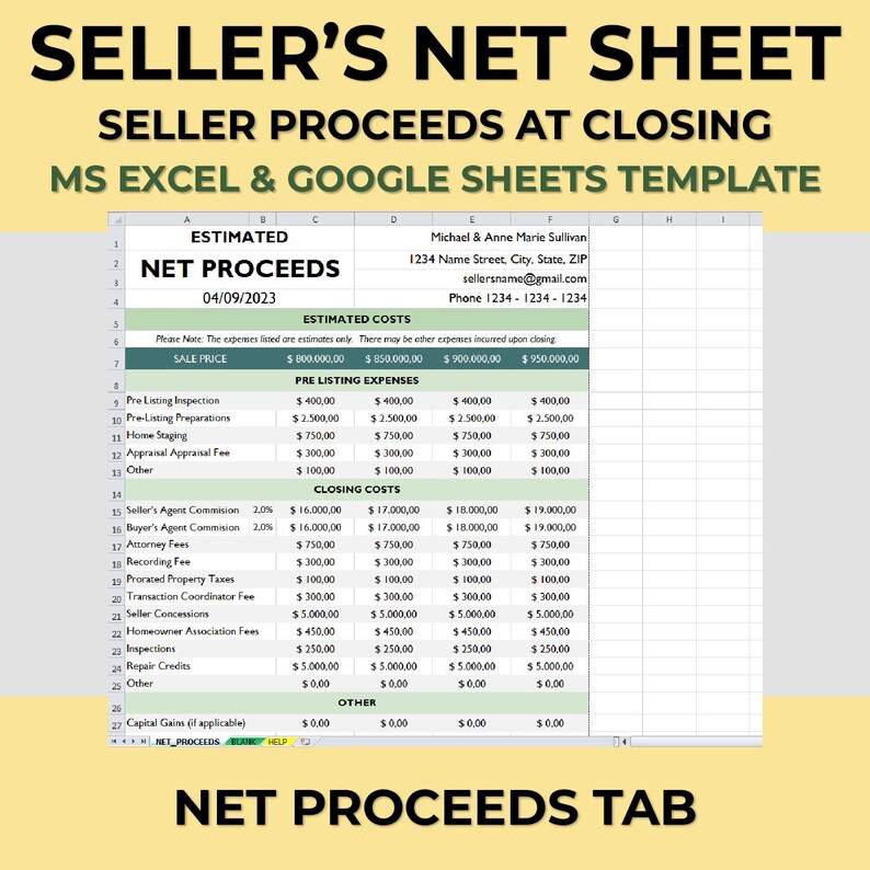 Seller Net Proceeds Sheet Template. Excel & Google Sheets. Real State ...