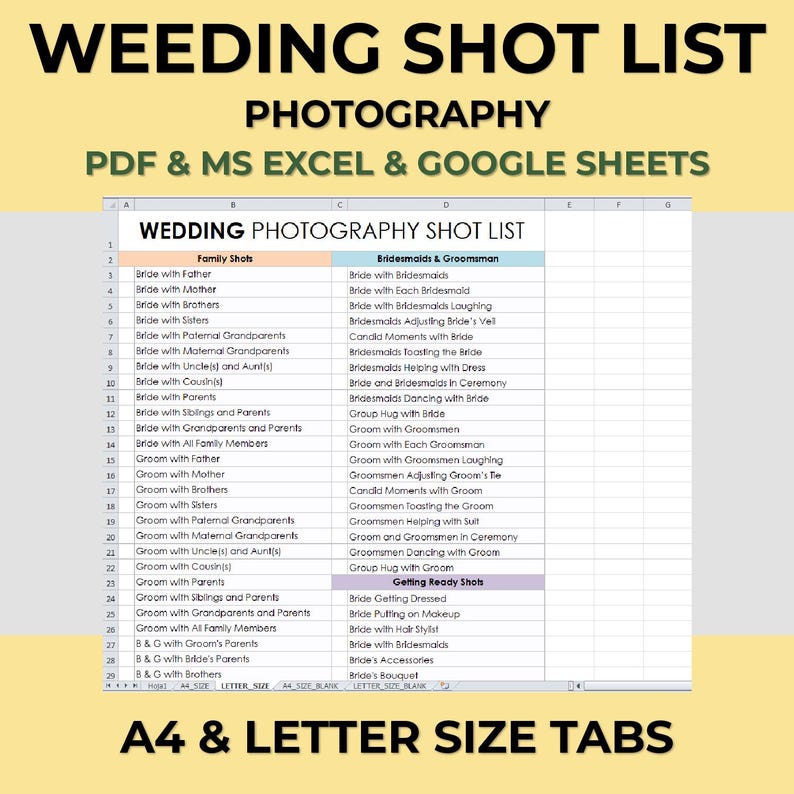 Wedding Photography Shot List Template. Photography Shot List for Wedding. Shot List Wedding ...
