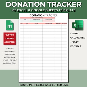 Donation Tracker Spreadsheet Template. Excel & Google Sheets. Donation List. Donation Log. Tax ...