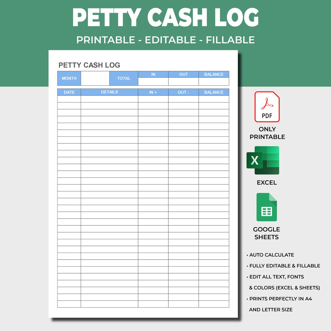 Petty Cash Record, Cash Log Template, Petty Expenses Tracker,small Cash ...