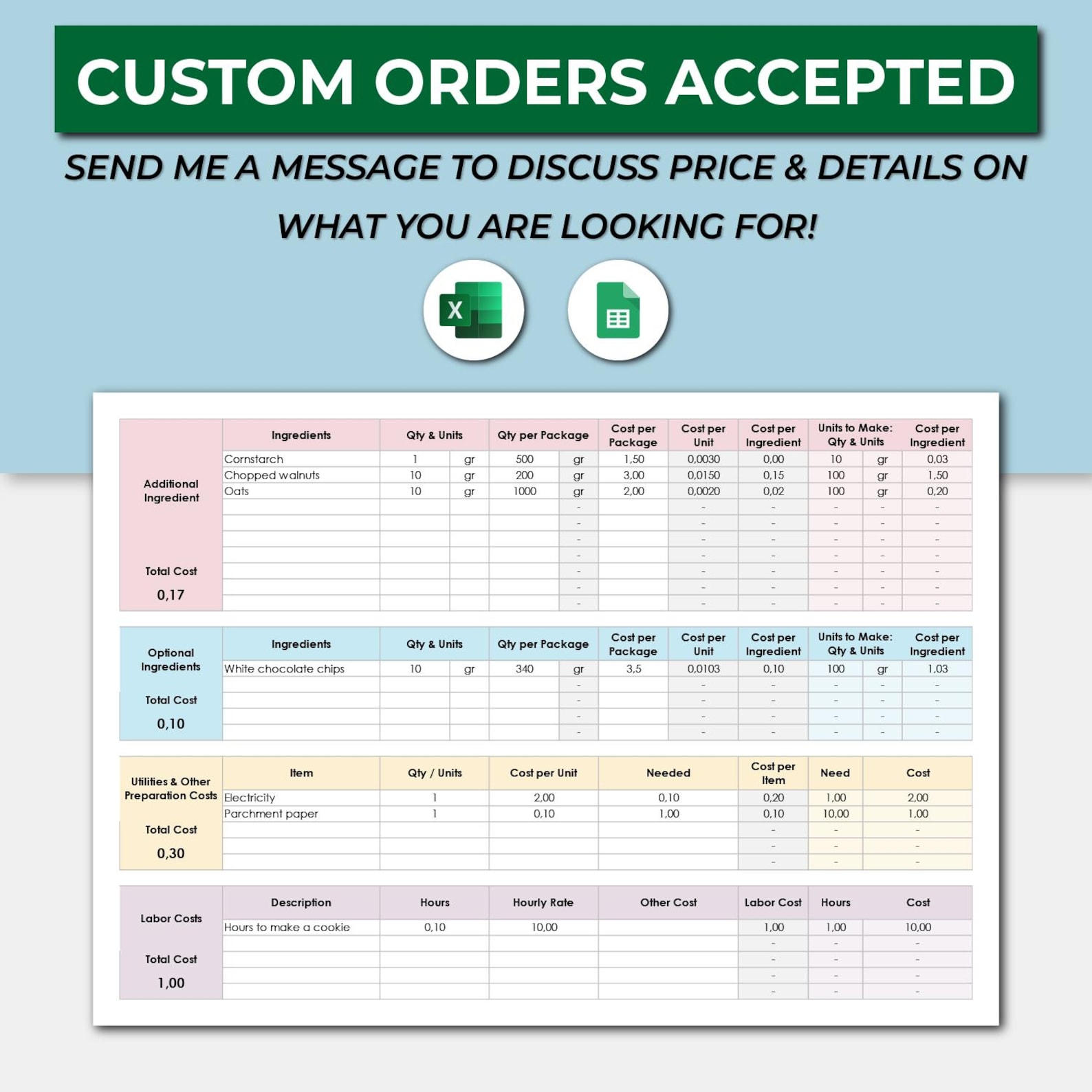 Recipe Cost Calculator Spreadsheet Template. Excel Google Sheets ...