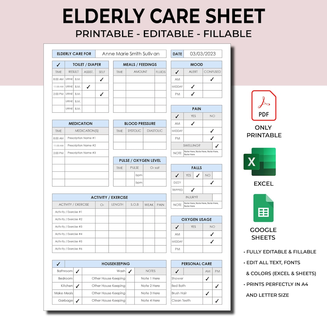 Printable Elderly Care Sheet. Elderly Care Template. Daily Care Log ...