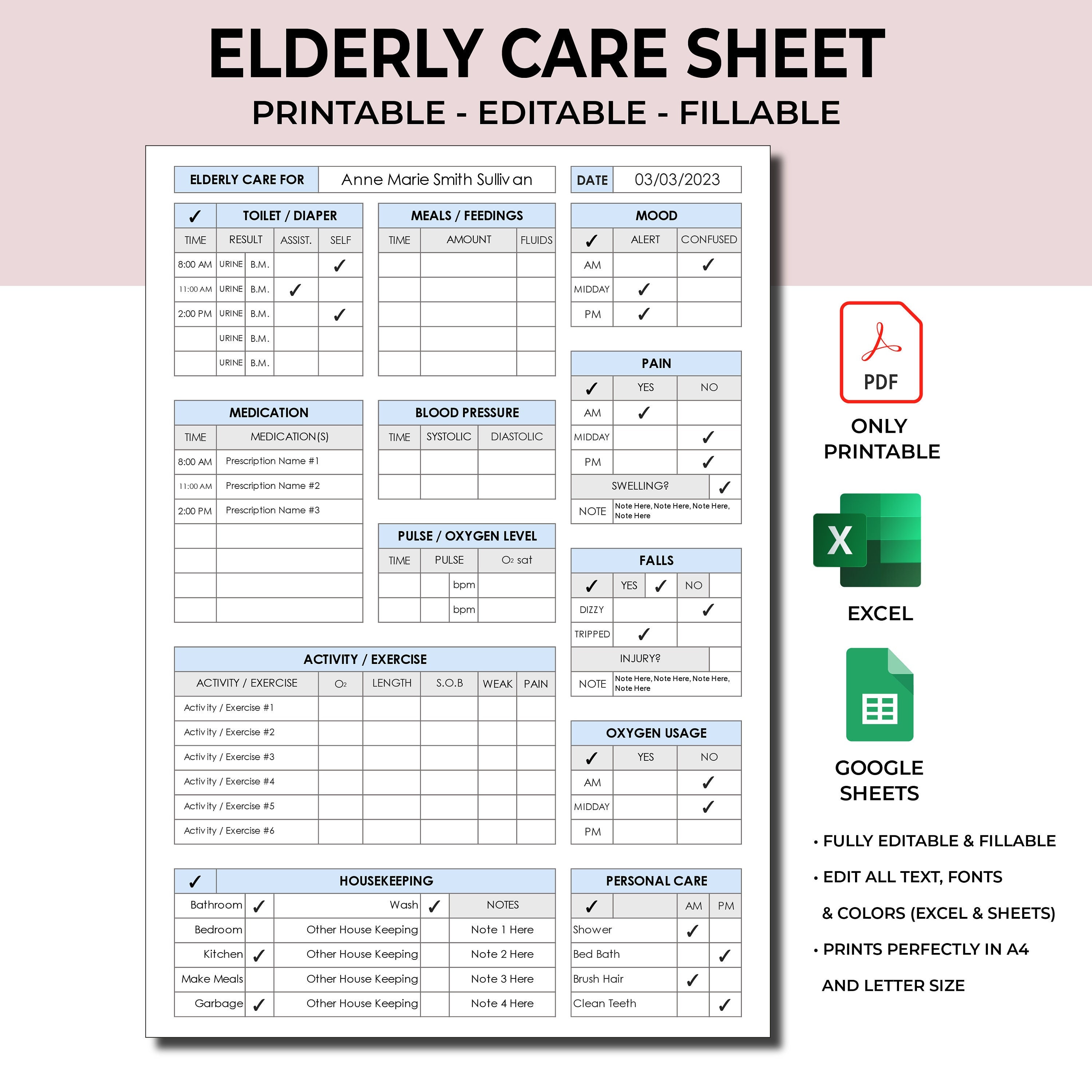 Printable Elderly Care Sheet. Elderly Care Template. Daily Care Log ...