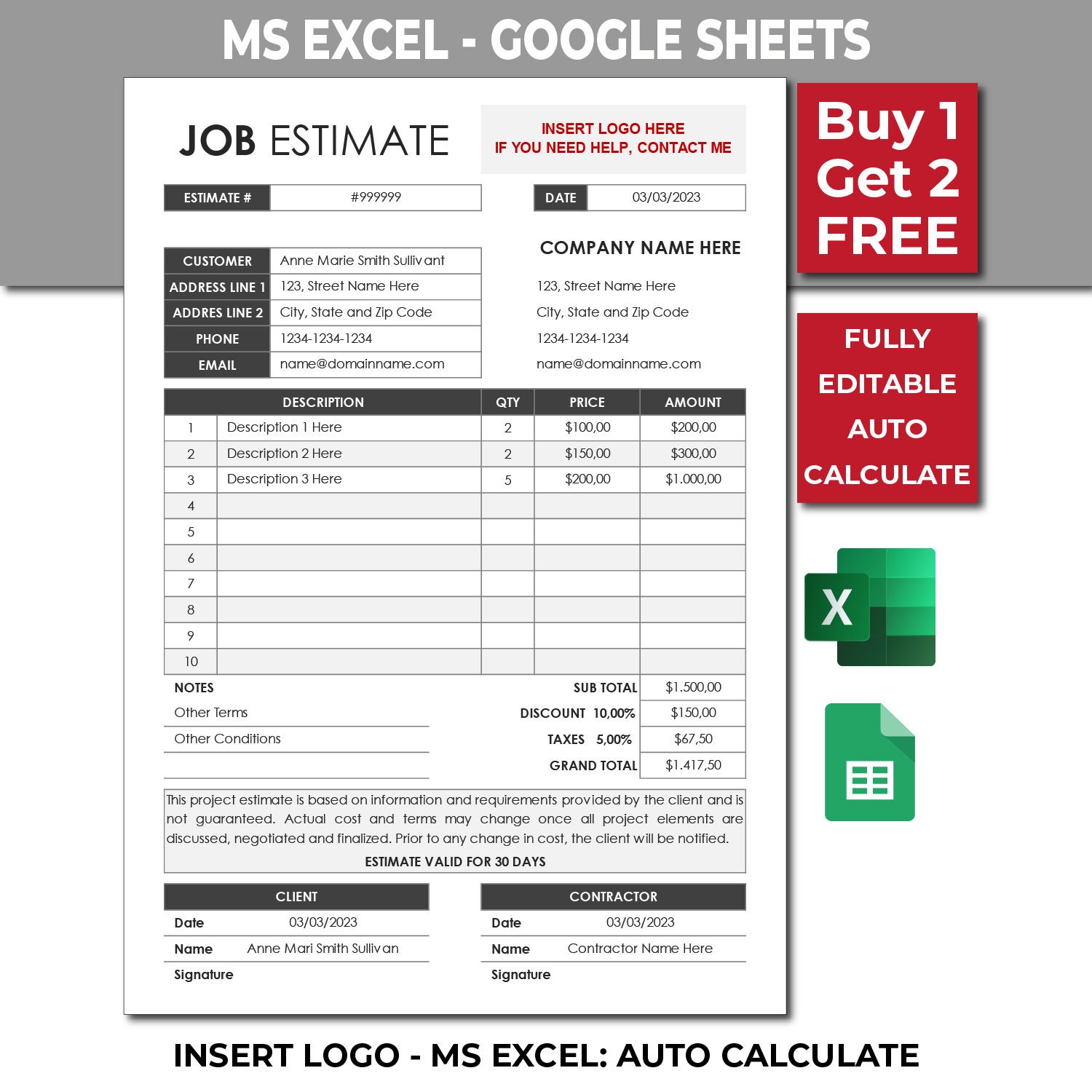 Job Estimate Template. Excel Editable Spreadsheet. Google Sheets ...