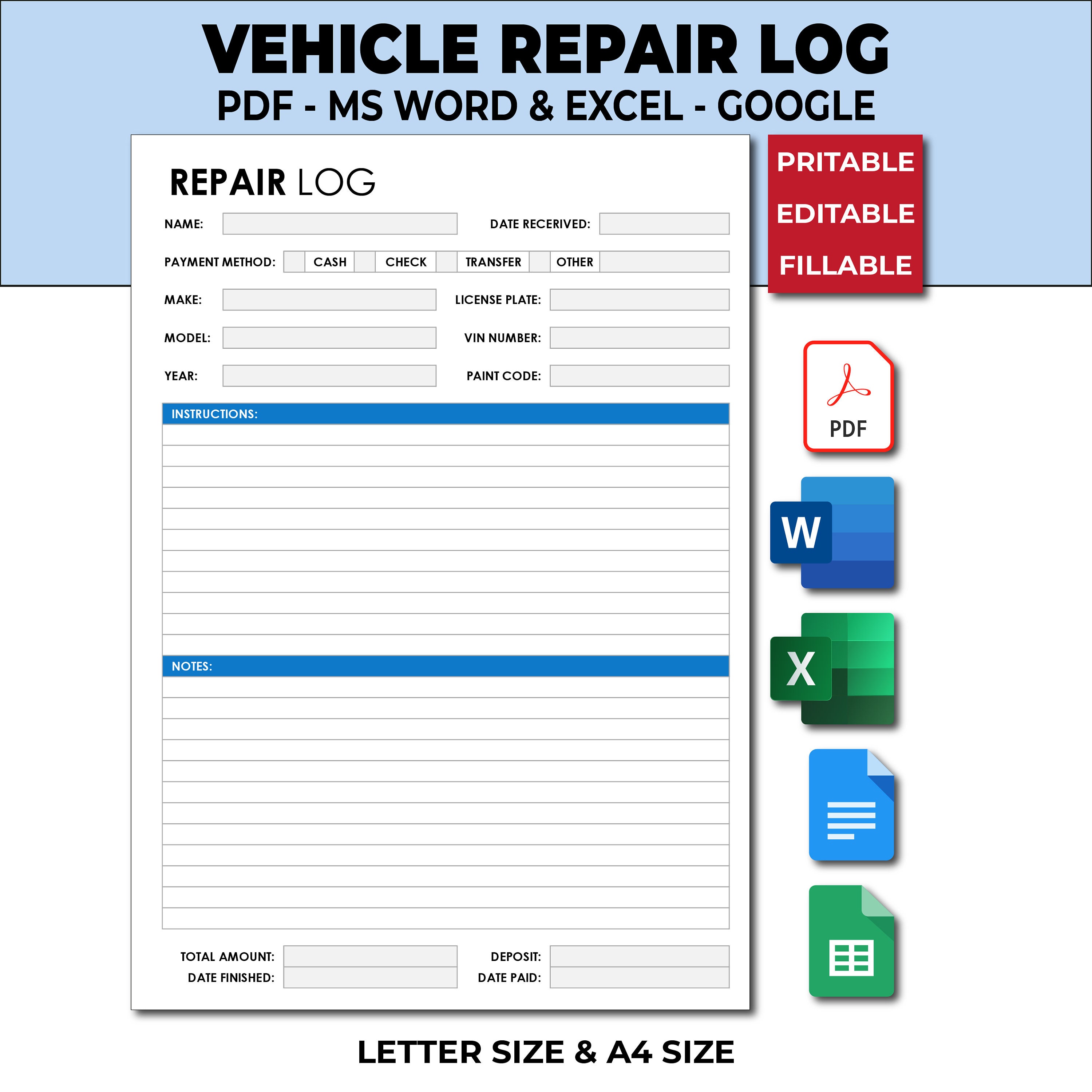 Vehicle Repair Log. Car, Motorcyvle, Truck Repair Log. Vehicle Repair ...