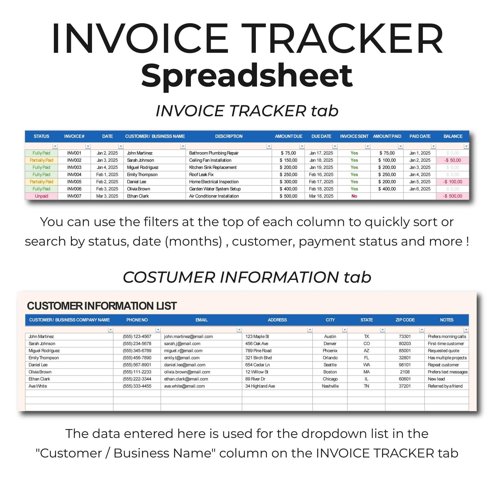 Invoice & Payment Tracker Spreadsheet, Excel Invoice Tracker Template ...