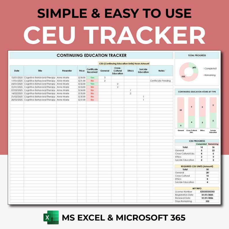 CEU Tracker Template Excel 365 Spreadsheet, Continuing Education ...