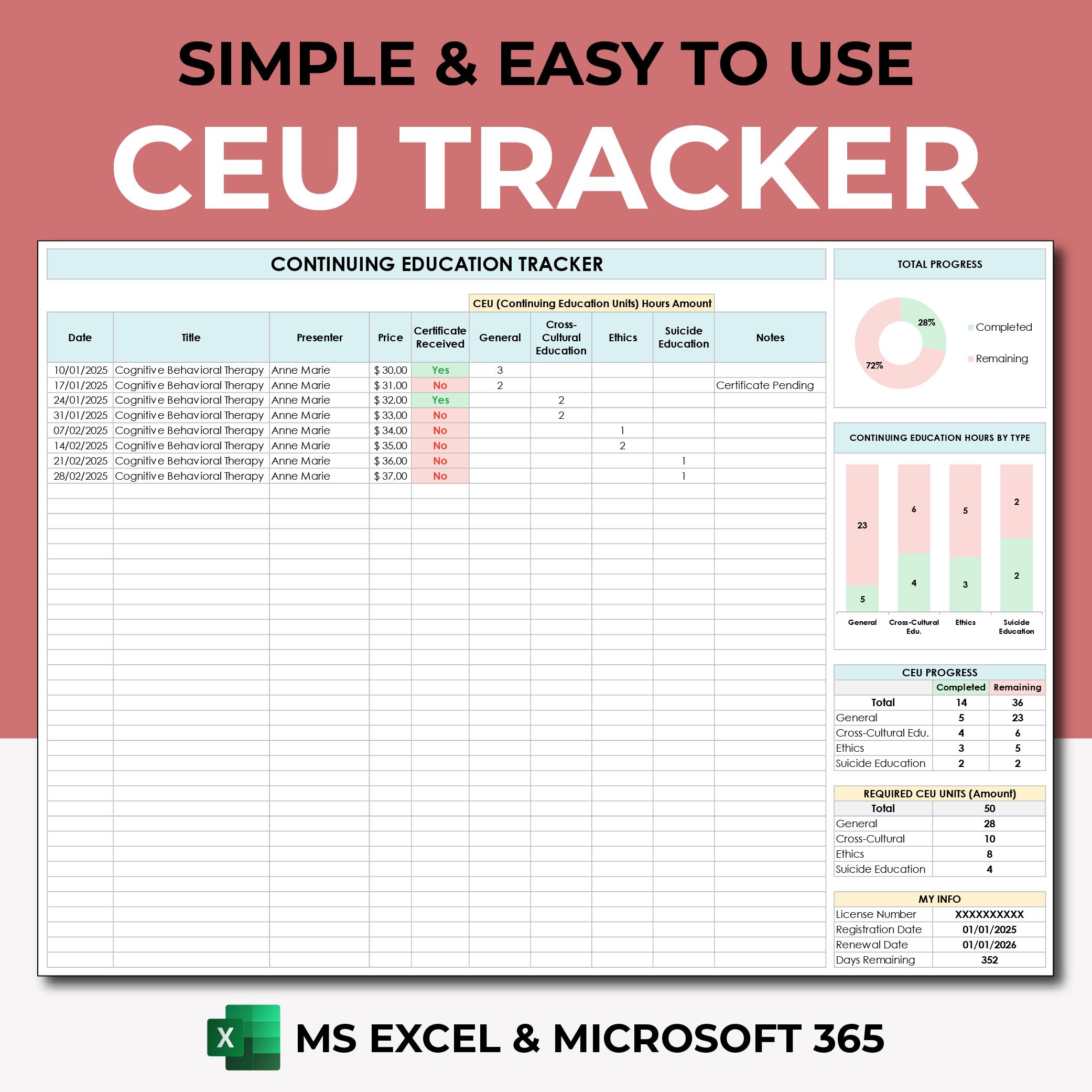 CEU Tracker Template Excel 365 Spreadsheet, Continuing Education ...