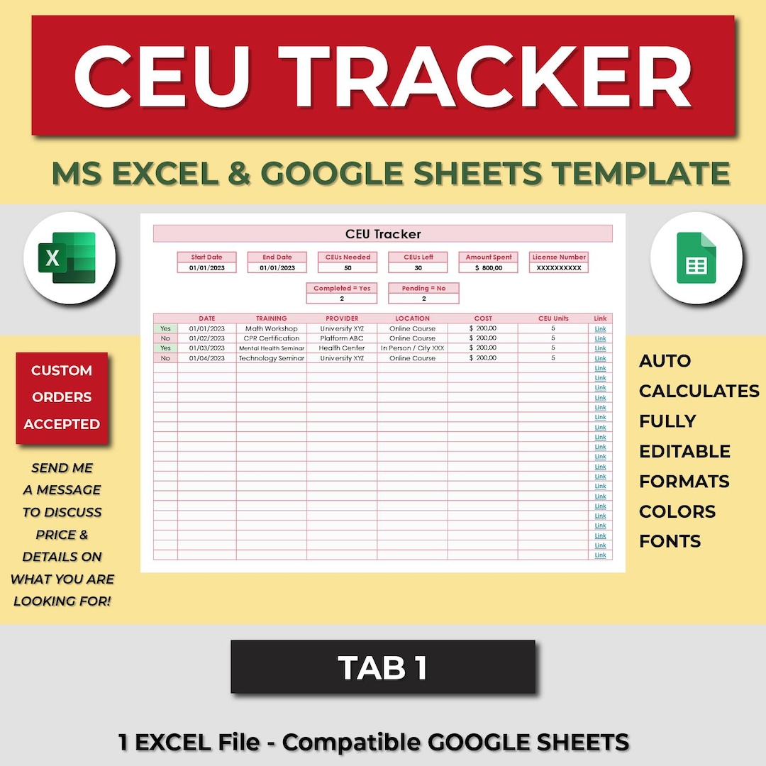 Continuing Education Spreadsheet. Excel & Google Sheets. CEU Tracker ...