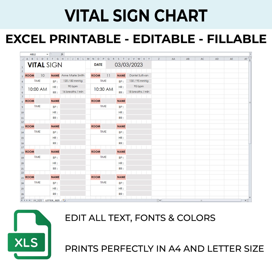 Editable Printable Vital Sign Chart, Vital Sign Log,vital Sign Tracker,vital Sign Sheet, Nursing ...