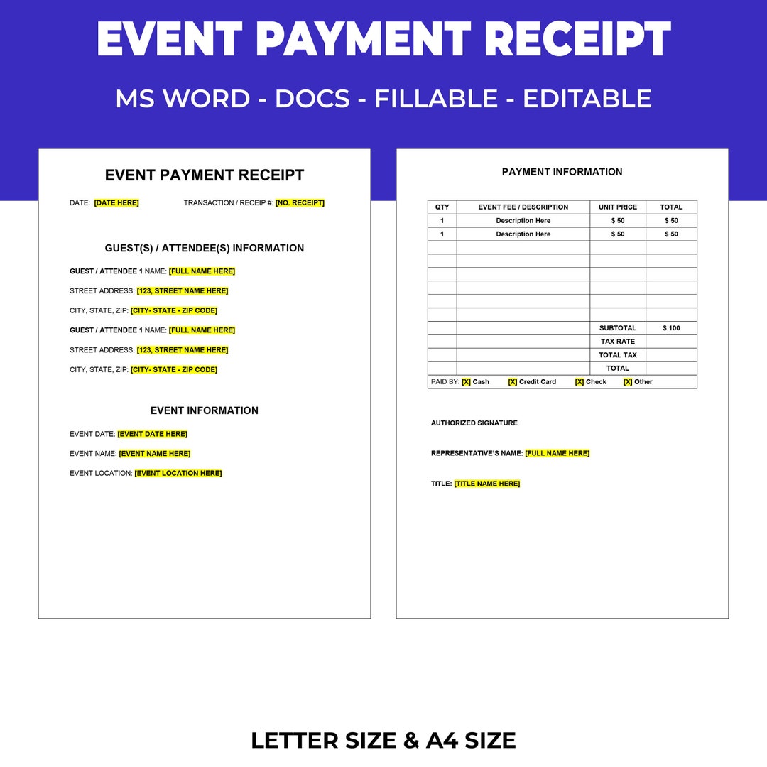 Event Payment Receipt Form, Event Payment Record Template, Printable ...