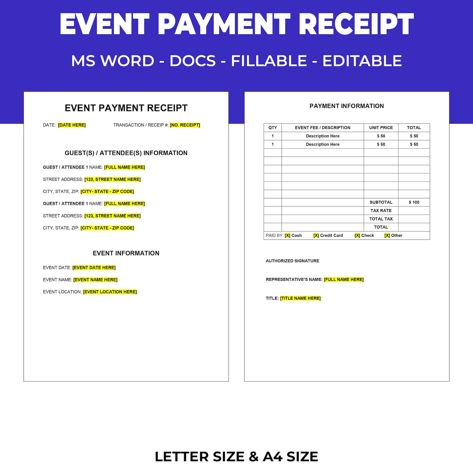 Event Payment Receipt Form, Event Payment Record Template, Printable ...