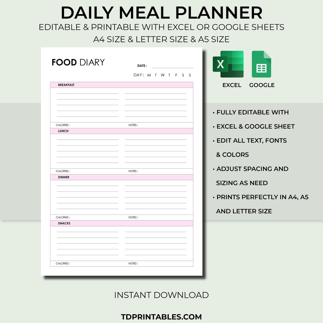 Printable Editable Daily Food Diary, Daily Food Journal, Daily Calories ...