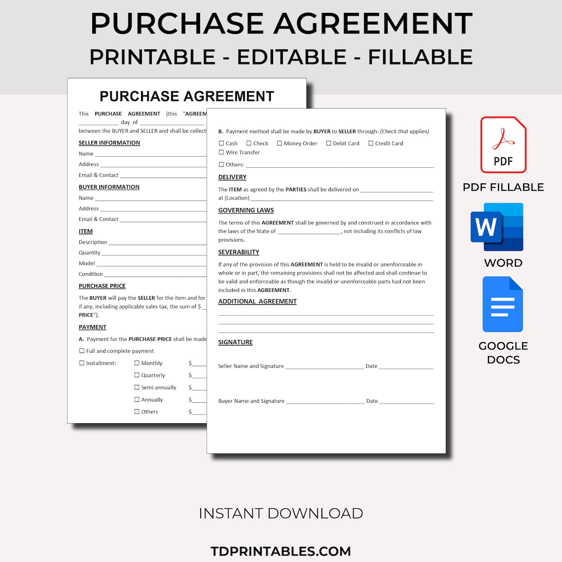 Fillable Purchase Agreement, Purchase and Sale Contract, Contract of ...