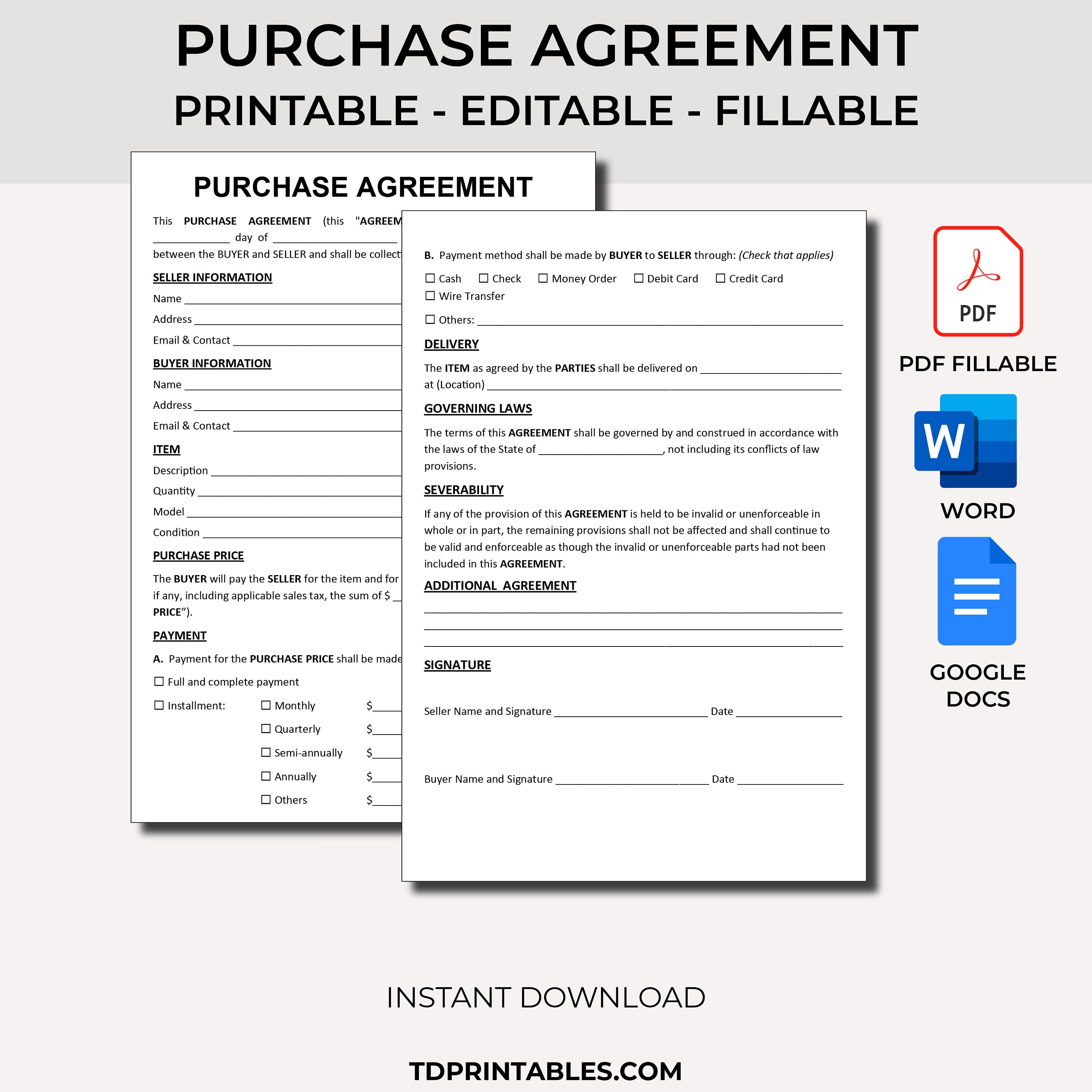 Fillable Purchase Agreement, Purchase and Sale Contract, Contract of ...