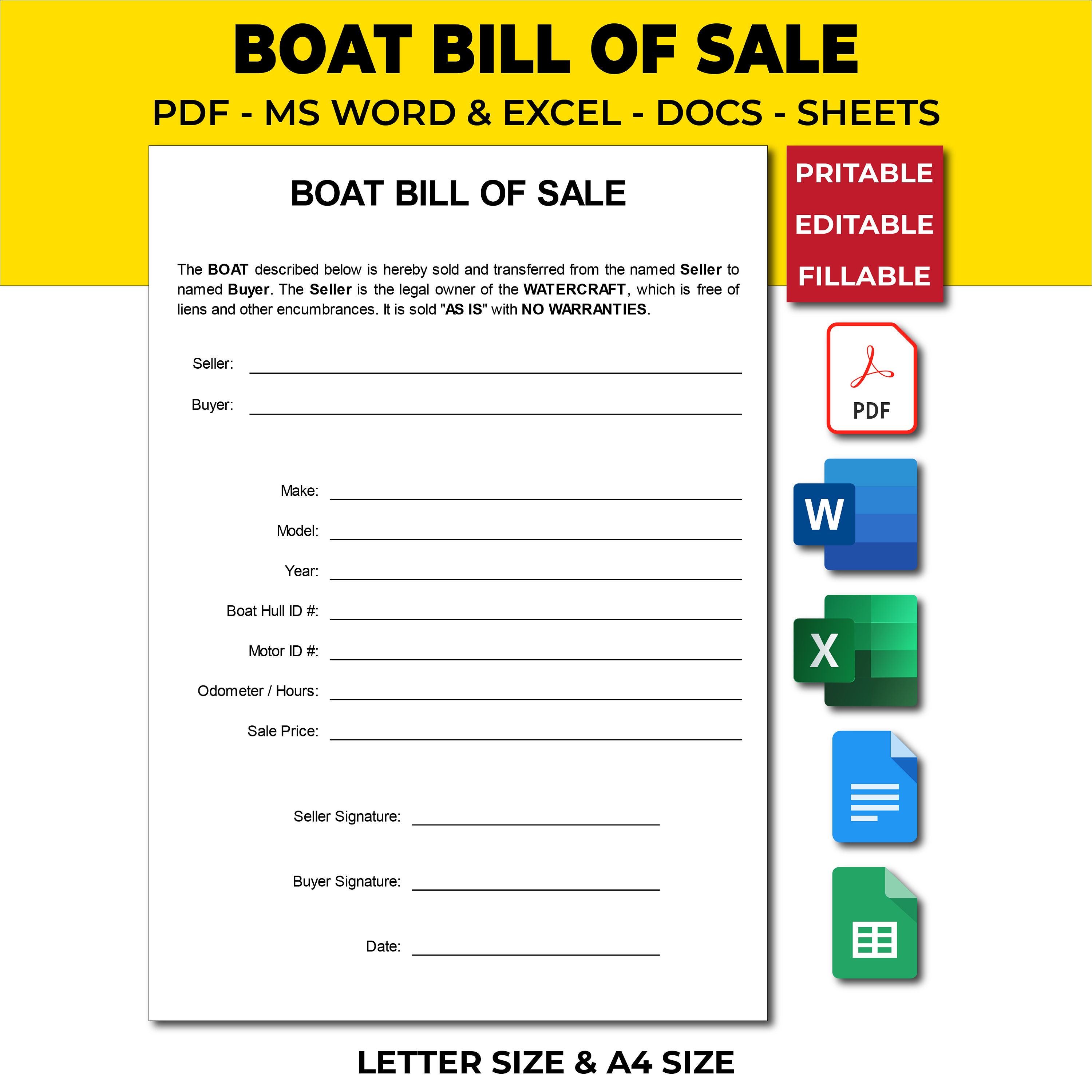 Boat Sale Agreement, Boat Purchase Contract, Boat Transfer Document ...