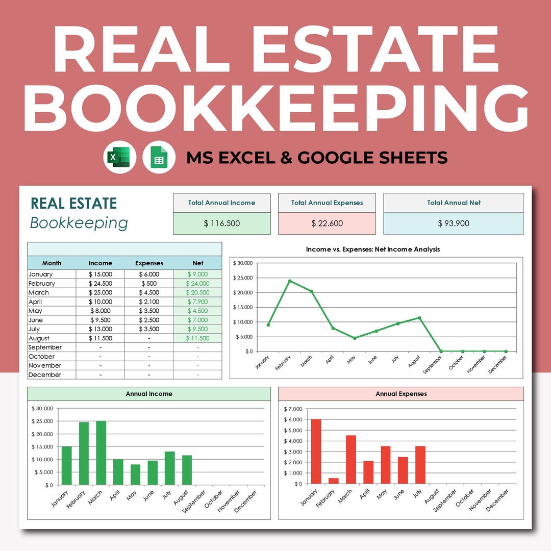 Real Estate Bookkeeping Spreadsheet Template, Realtor Bookkeeping ...