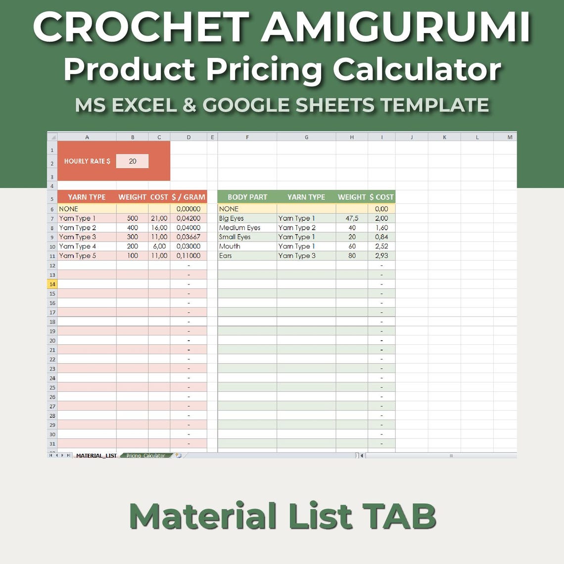 Crochet Amigurumi Pricing Spreadsheet Template. Google Sheets & Excel ...