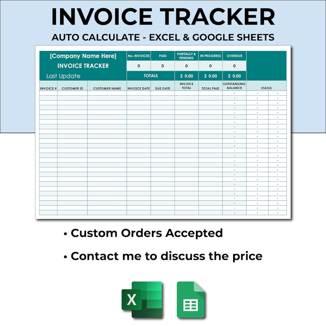 Invoice Tracker Spreadsheet Template. Excel Google Sheets. Customer ...