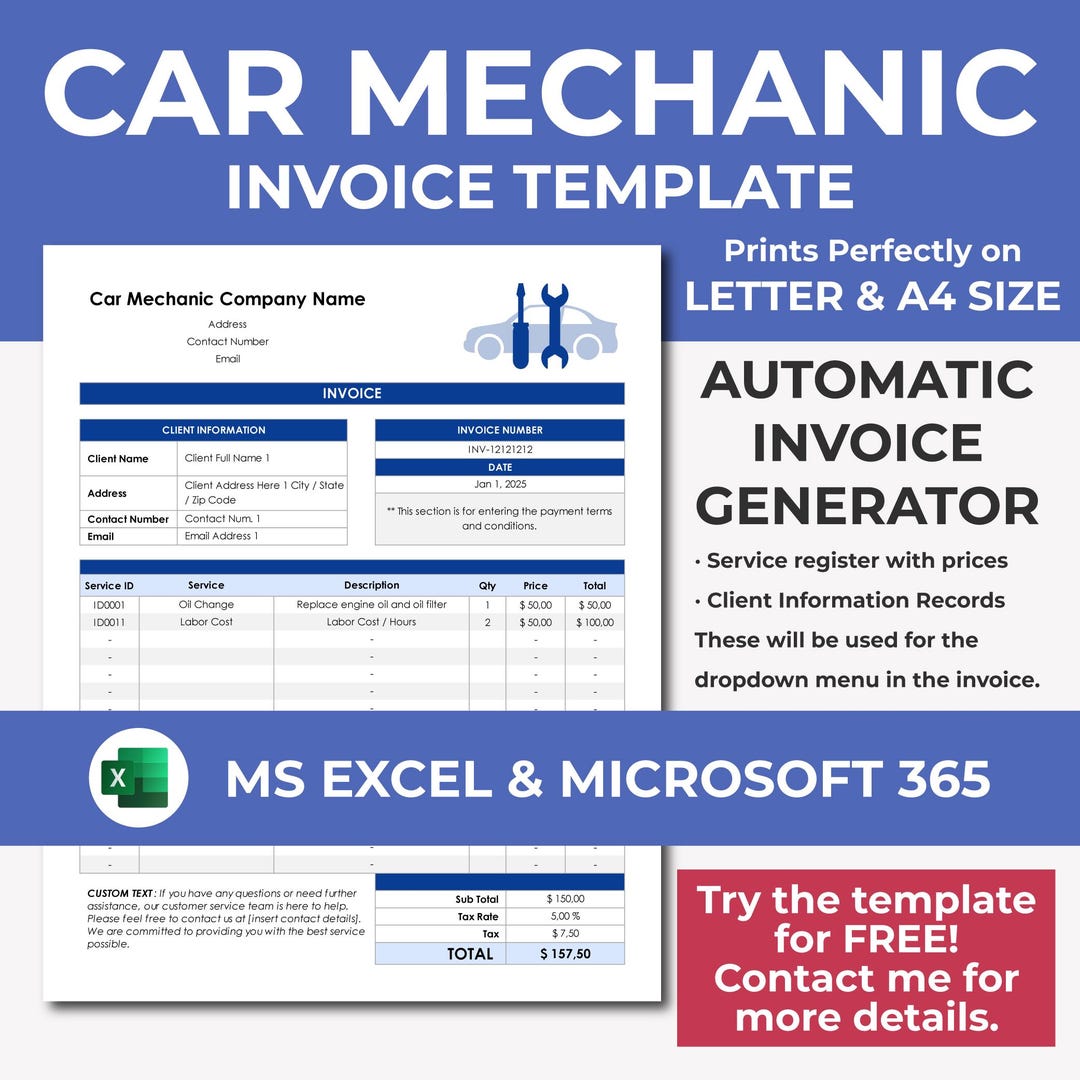 Car Mechanic Invoice Generator, Automotive Repair Invoice Template, Car ...
