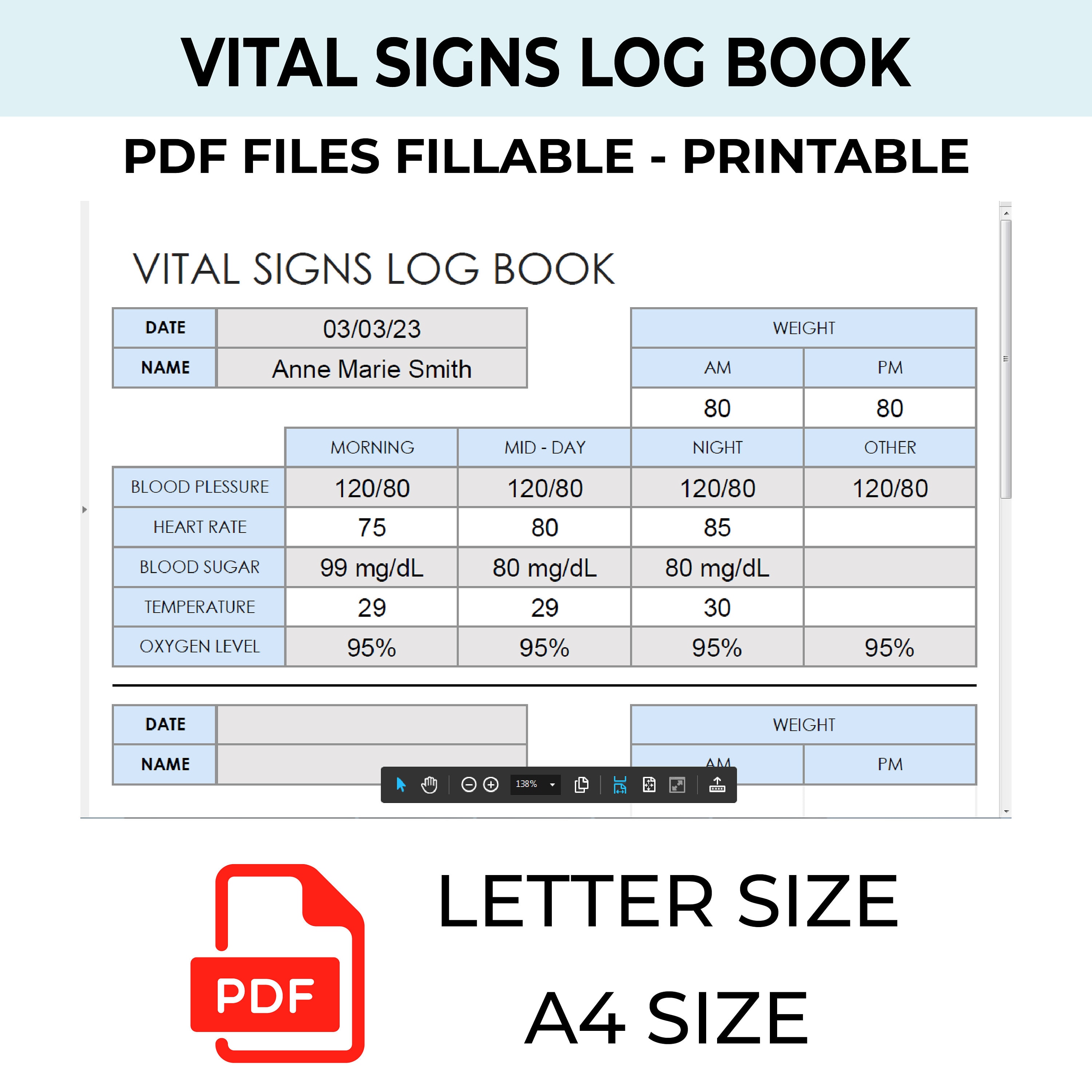 Editable Printable Vital Signs Log, Vital Sign Sheet, Vital Signs ...