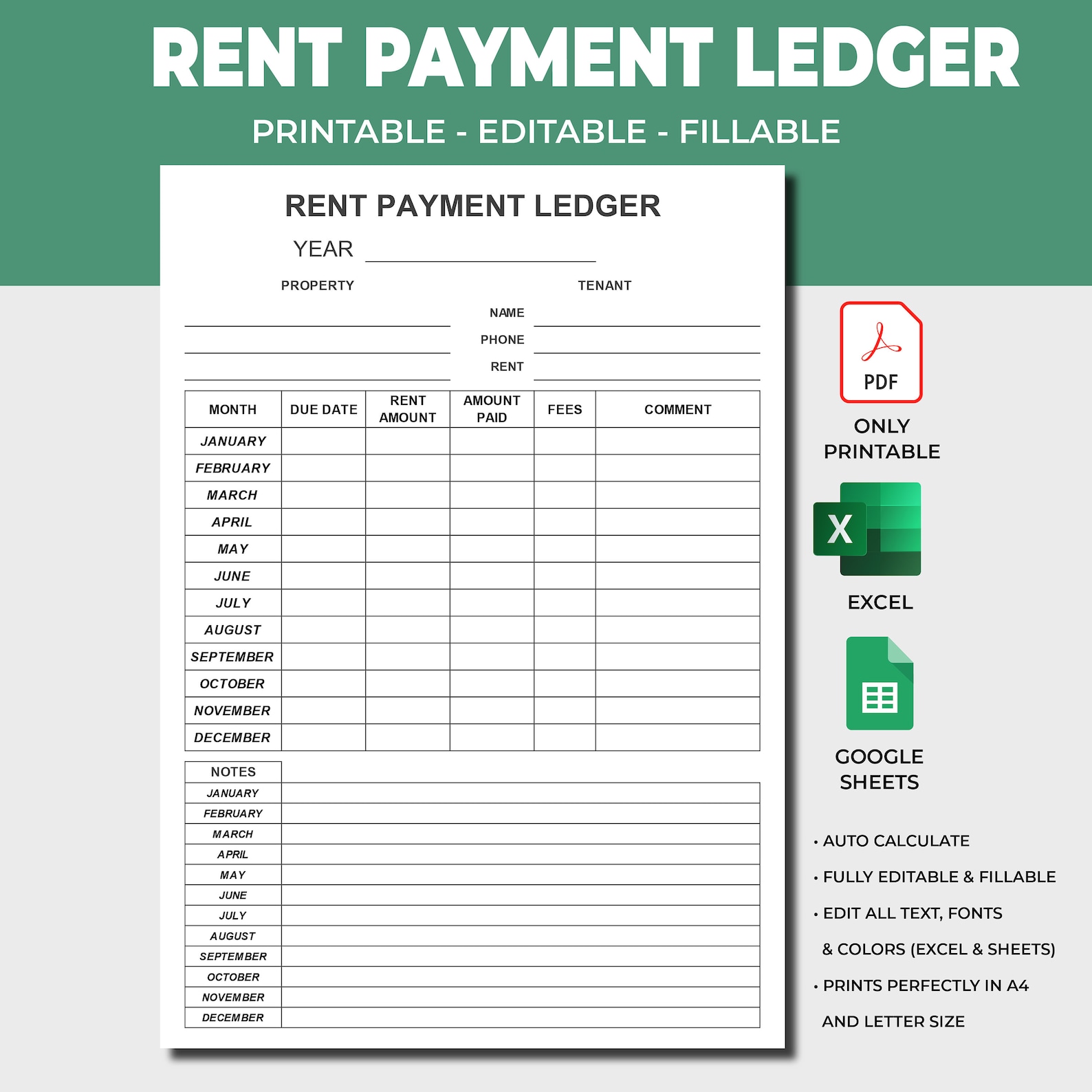 Rent Payment Ledger, Rent Payment Tracker,rent Payment Record,rent ...
