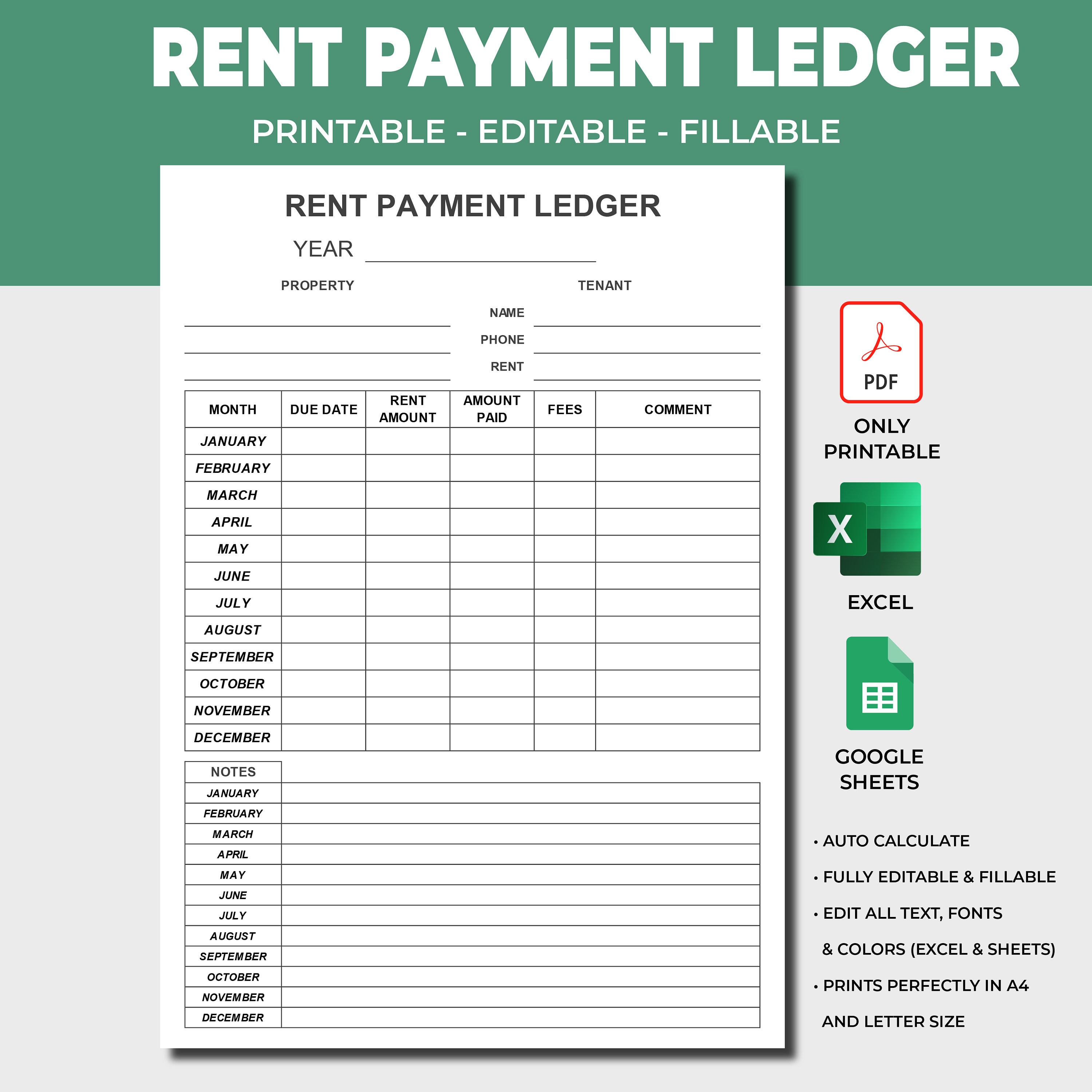 Rent Payment Ledger, Rent Payment Tracker,rent Payment Record,rent ...