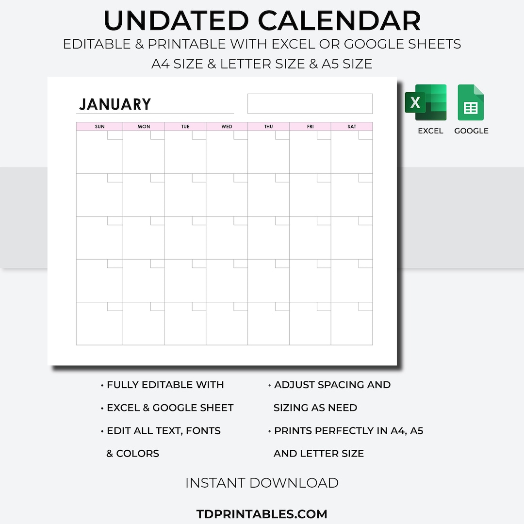 Editable Blank Monthly Calendar Landscape, Printable Calendar, Year ...