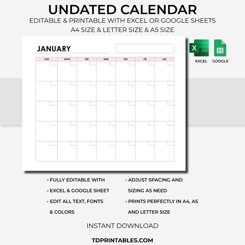 Editable Blank Monthly Calendar Landscape, Printable Calendar, Year ...