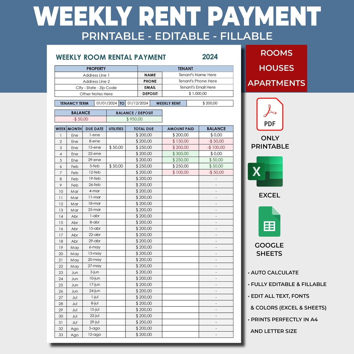 Weekly Rent Payment Ledger Spreadsheet Template. Weekly Rent Payment ...