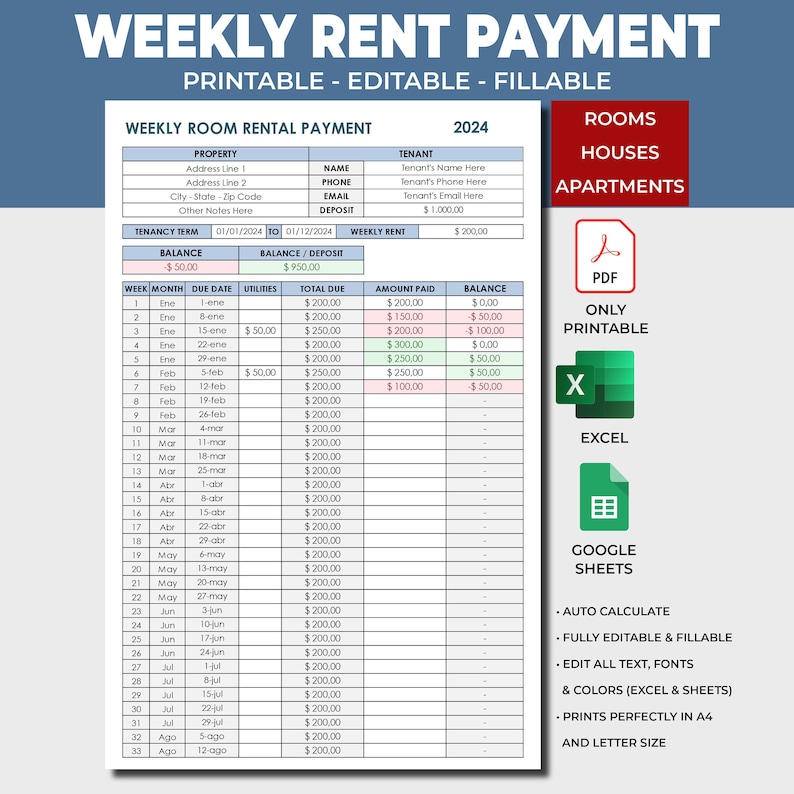 Weekly Rent Payment Ledger Spreadsheet Template. Weekly Rent Payment ...