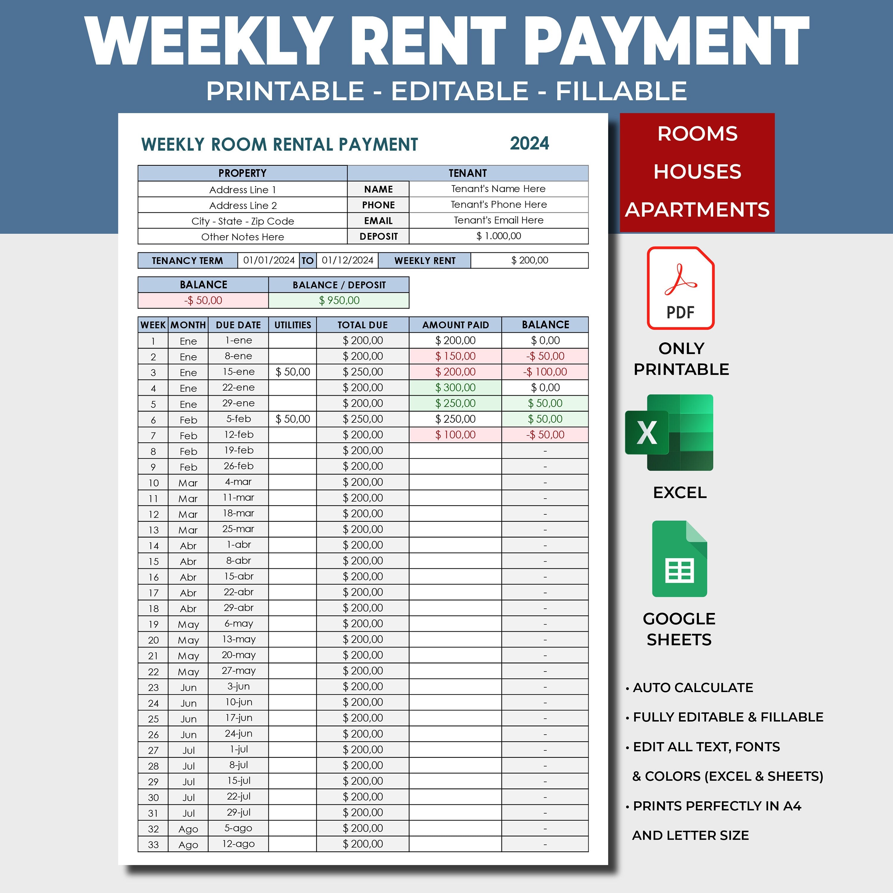 Weekly Rent Payment Ledger Spreadsheet Template. Weekly Rent Payment Tracker. Rooms, Apartments ...