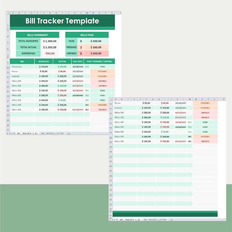 Monthly Bill Tracking Spreadsheet in Excel. Excel Bill Tracker Template. Excel Bill Manager ...
