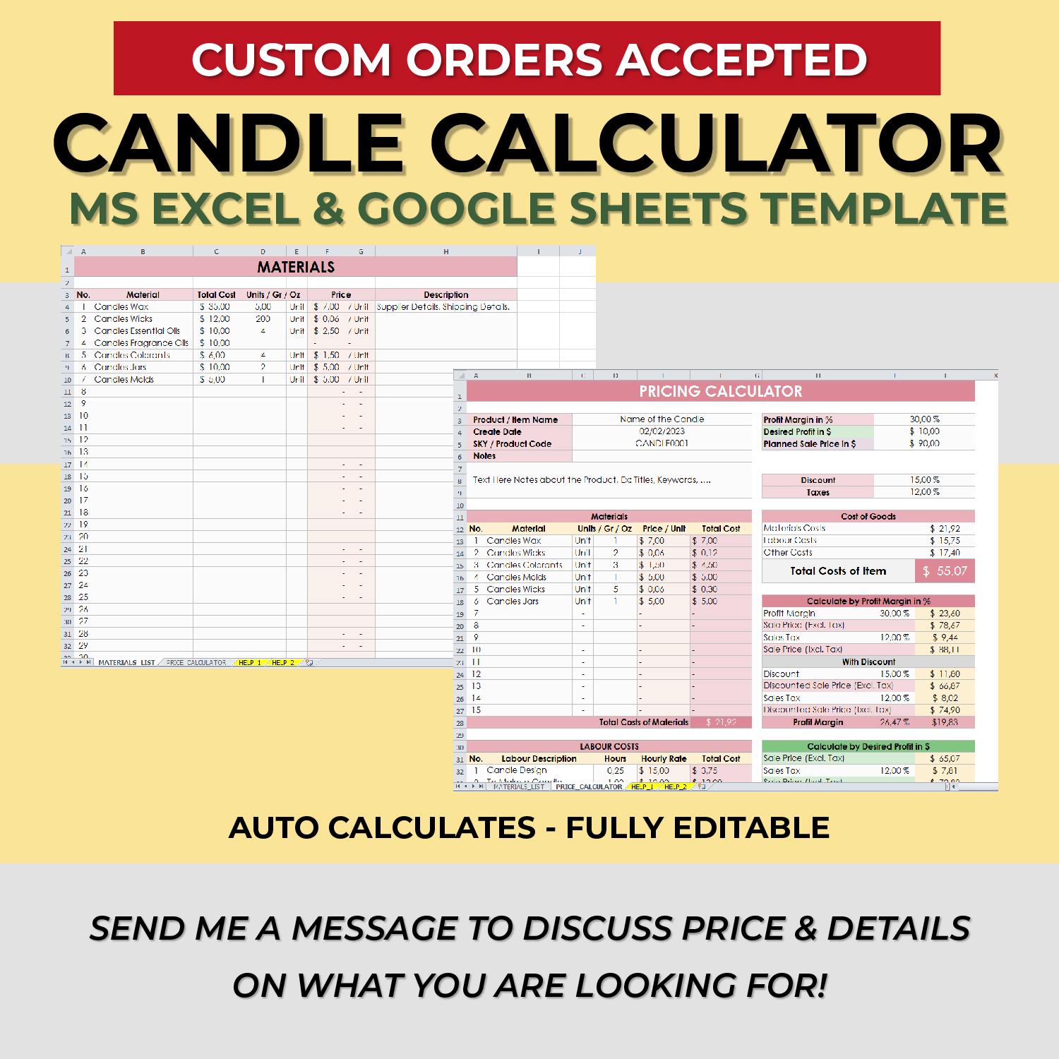 Candle Price Calculator Spreadsheet Template. Handmade Candles Pricing ...