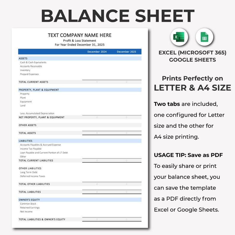 Balance Sheet Editable & Printable, Balance Sheet Template, Balance ...