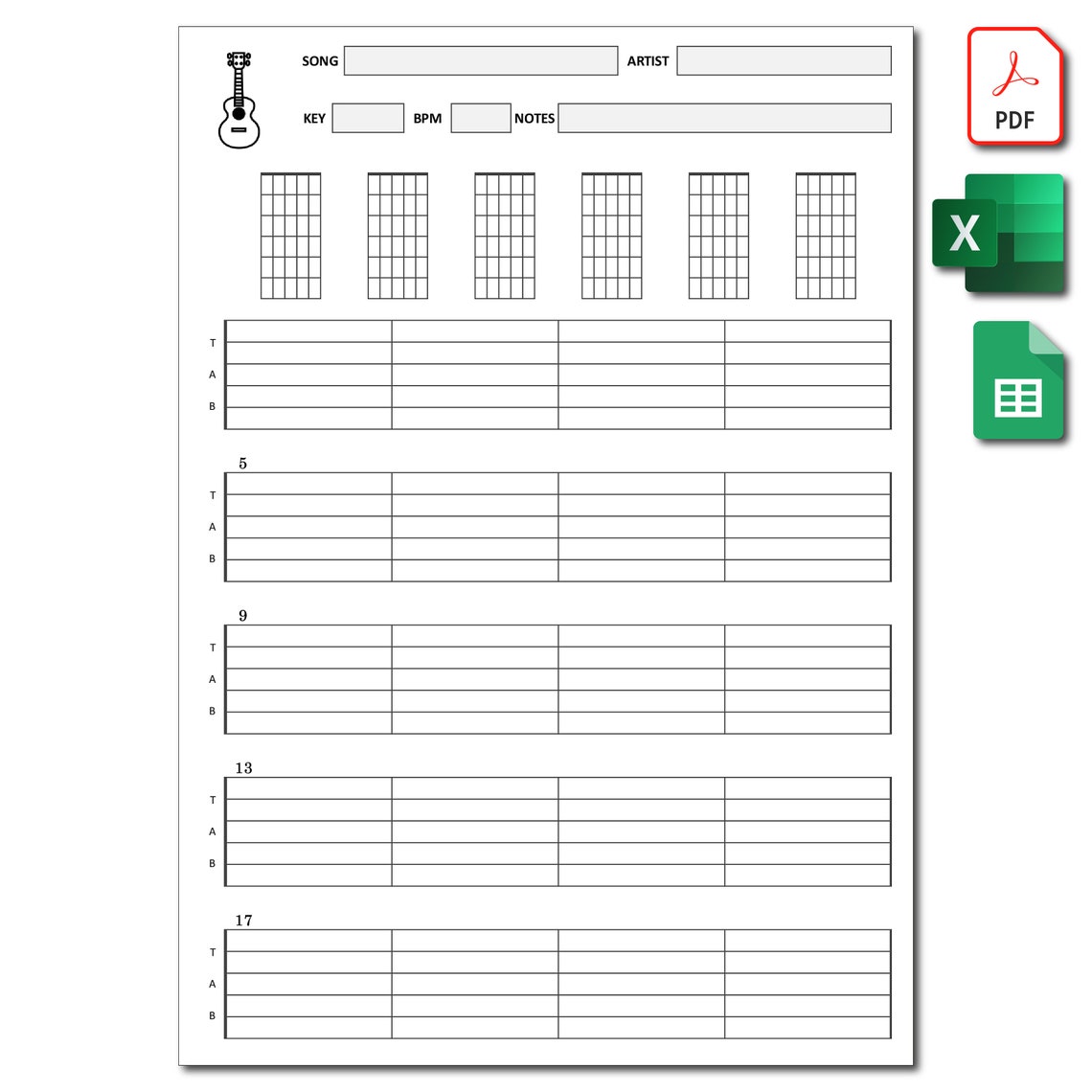 Guitar Blank Tabs & Chords Chart. Blank Sheet Music Guitar Chord Chart ...
