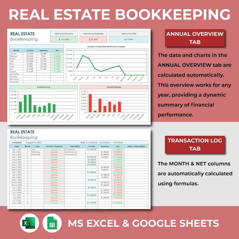 Real Estate Bookkeeping Spreadsheet Template, Realtor Bookkeeping ...