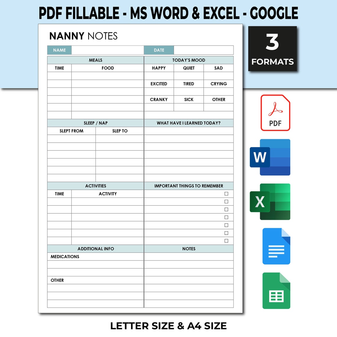 Nanny Notes Template, Nanny Report, Nanny Log Printable, Babysitter ...