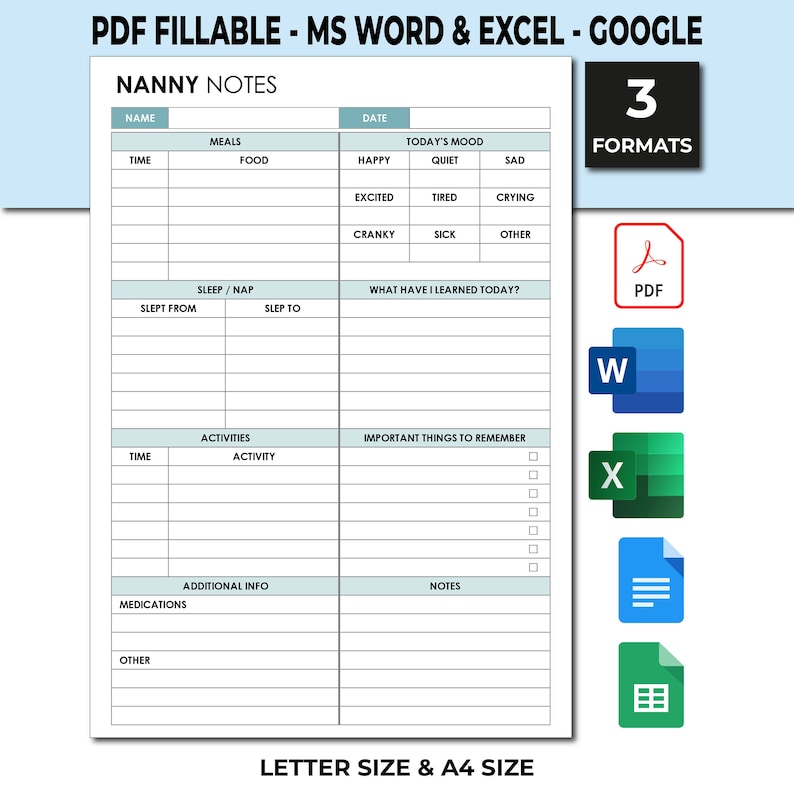 Nanny Notes Template, Nanny Report, Nanny Log Printable, Babysitter ...
