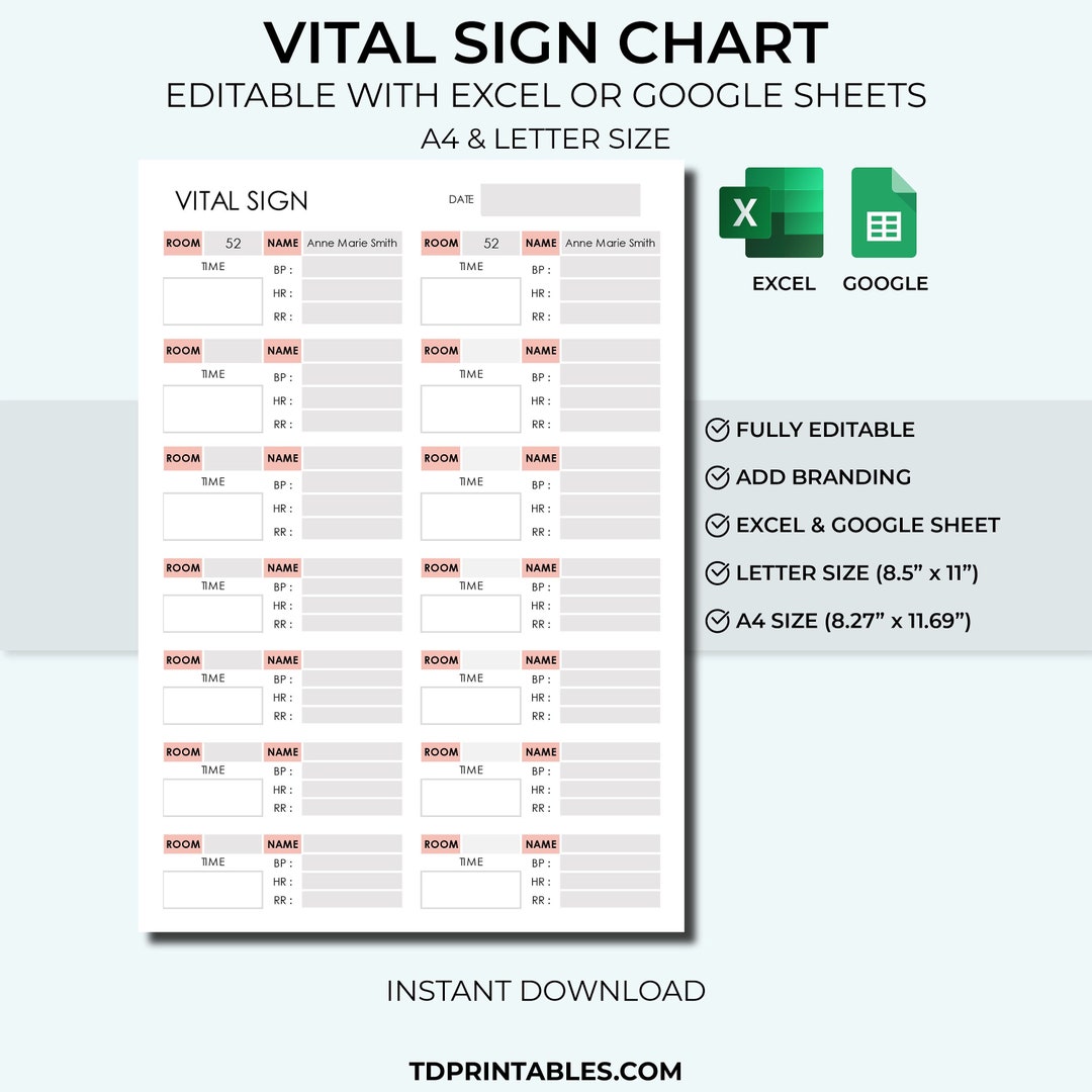 Editable Printable Vital Sign Chart, Vital Sign Log,vital Sign Tracker ...