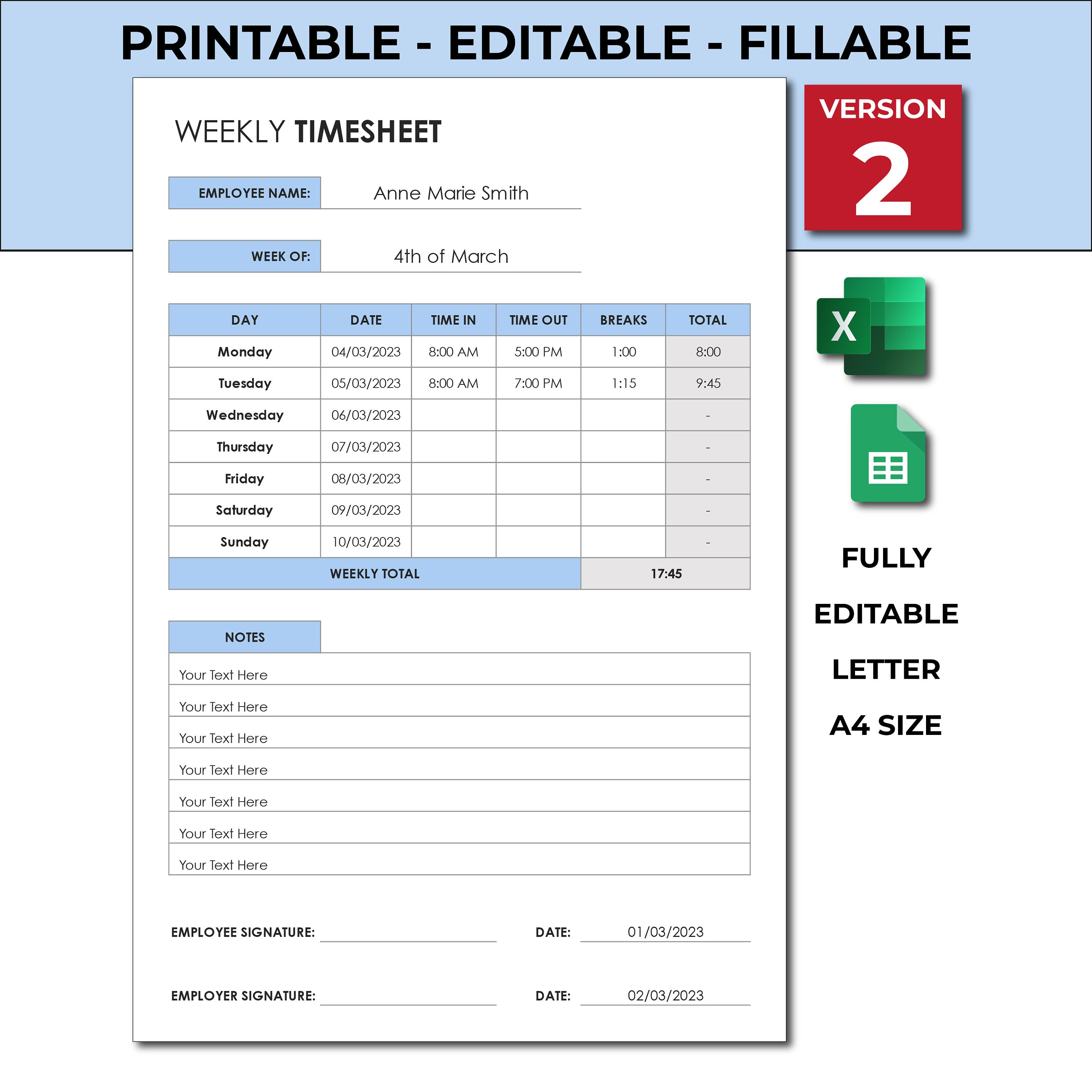 Printable Employee Time Sheet. Weekly Time Tracker Spreadsheet Template ...