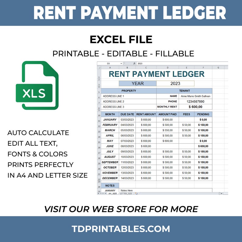 Rent Payment Ledger. PDF Printable Rent Payment Tracker. Rental Payment ...