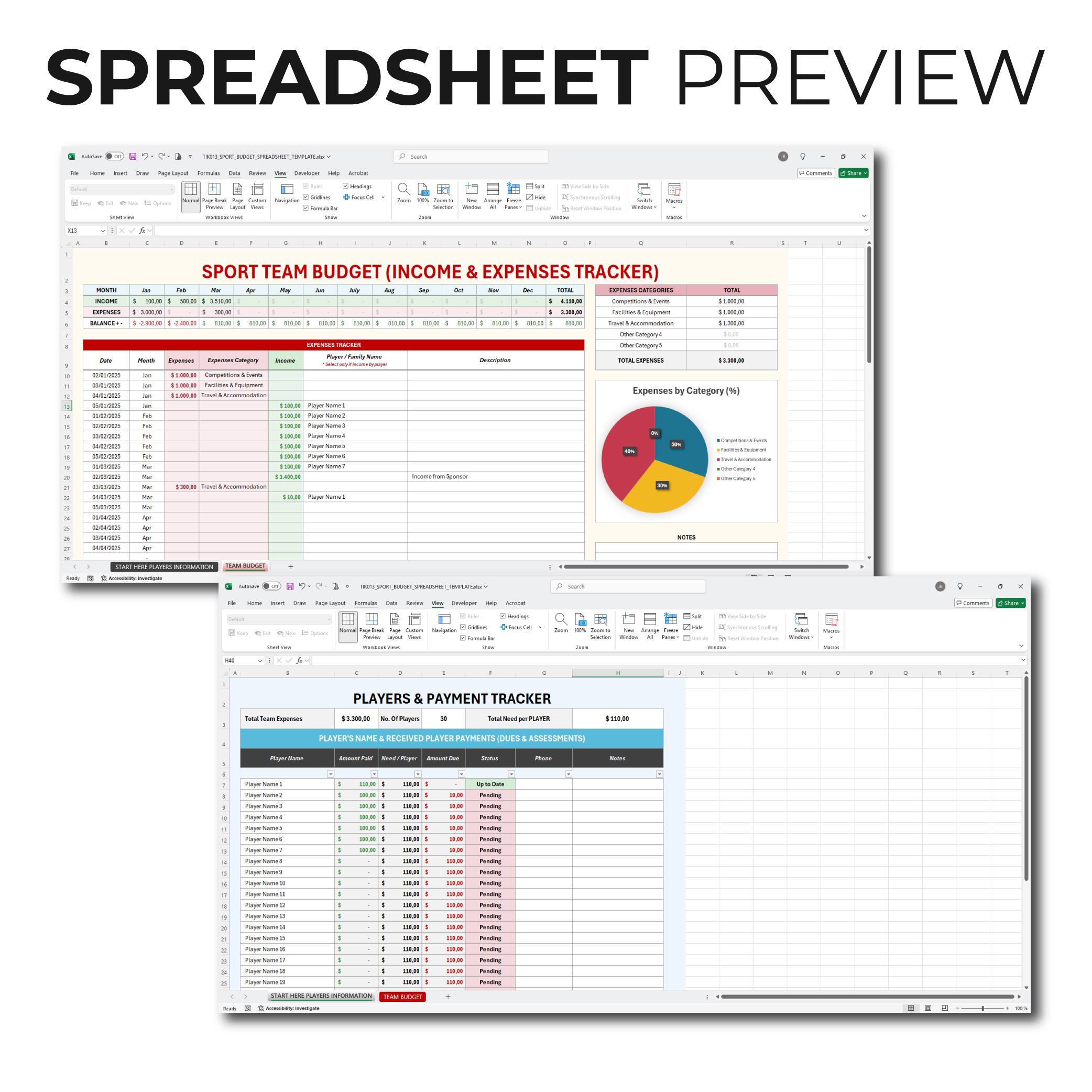 Sport Team Income & Expenses Tracker Spreadsheet Template. Player ...