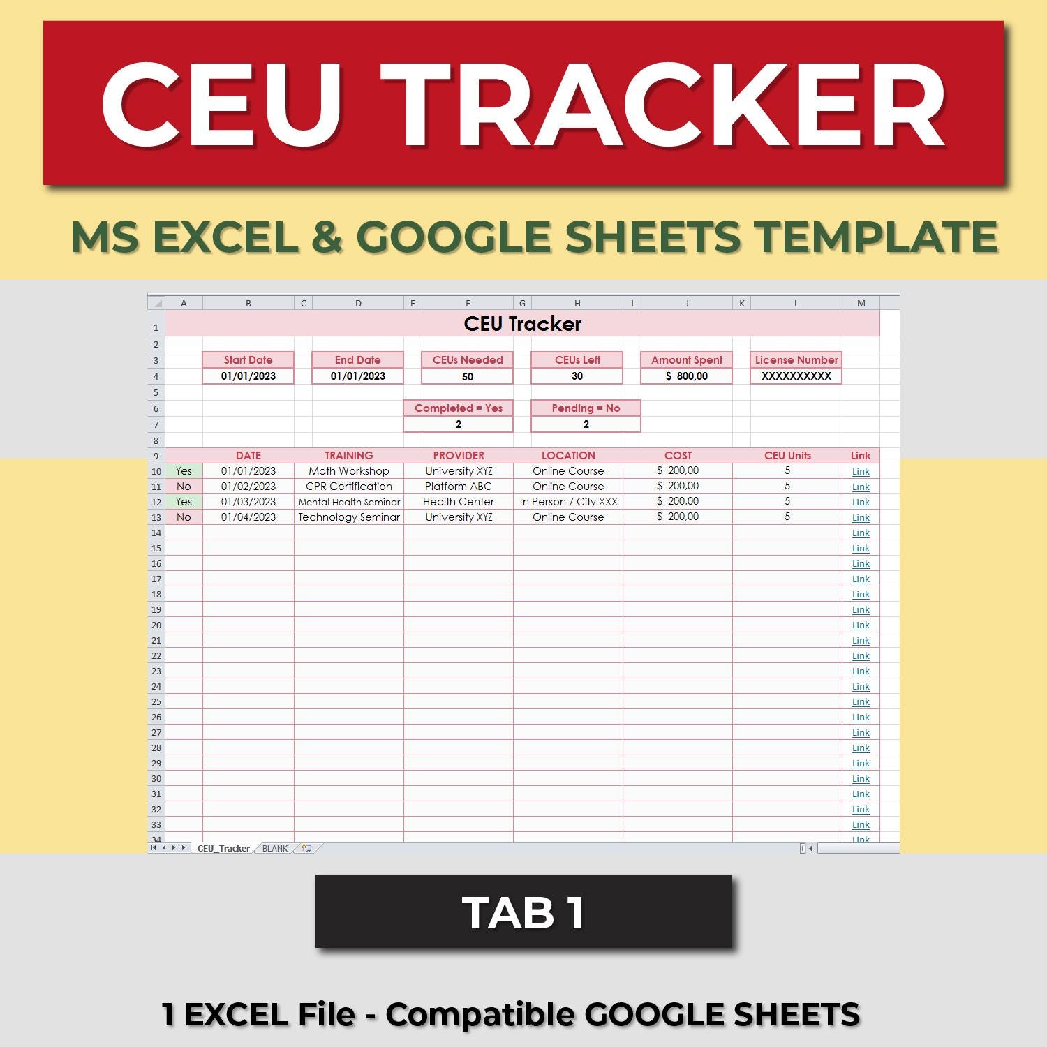 Continuing Education Spreadsheet. Excel & Google Sheets. CEU Tracker ...