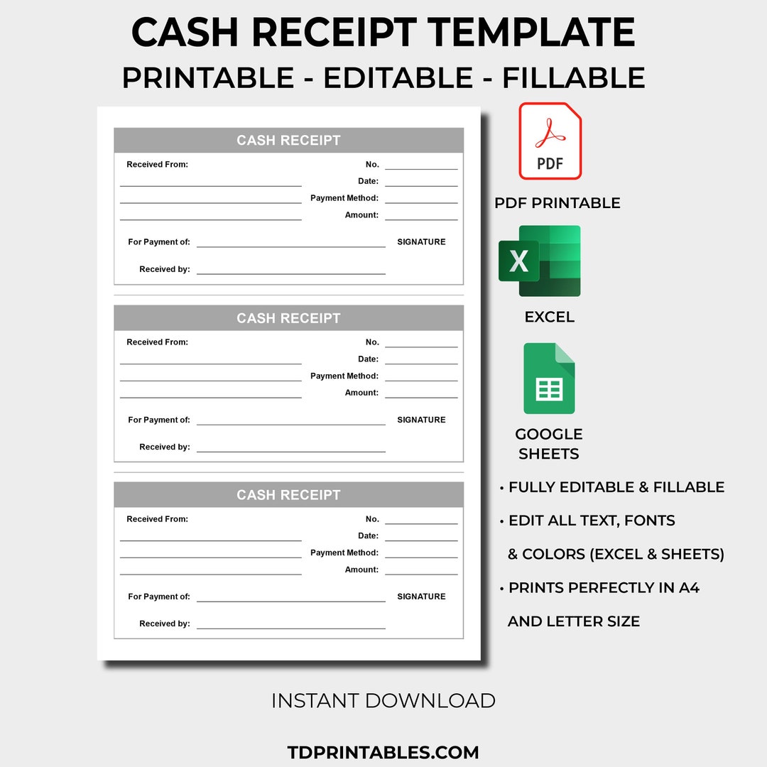 Cash Receipt Template, Receipt Template, EXCEL Template, PDF Receipt ...